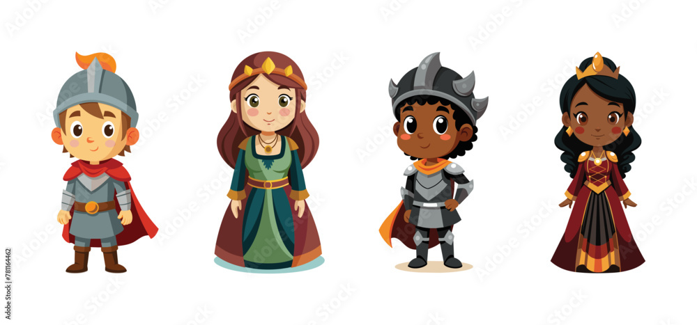 Kids dressed in medieval knight and princess costumes, vector cartoon ...