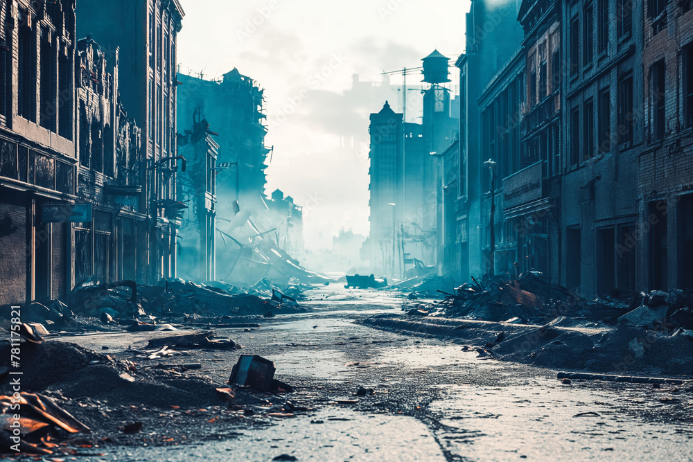 Empty street of burnt up city. Apocalyptic view of city downtown as ...