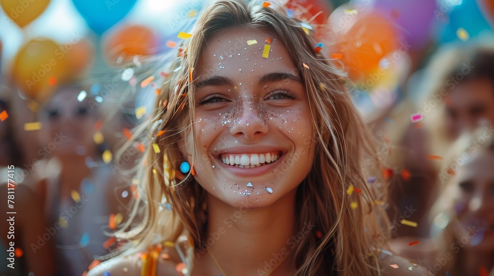 Happy smiling young American woman at gay pride parade. Pride month ...