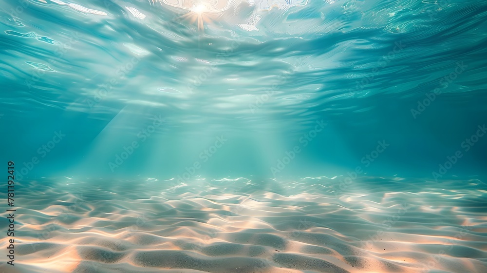 Blue tropical ocean above, seabed sand below, empty underwater ...