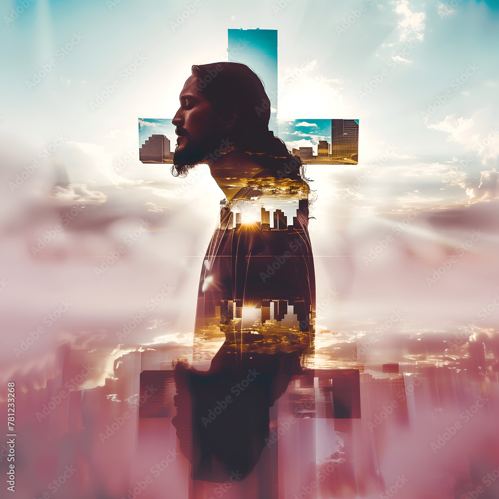 Double exposure image of Jesus Christ, Christian cross and skyscrapers ...