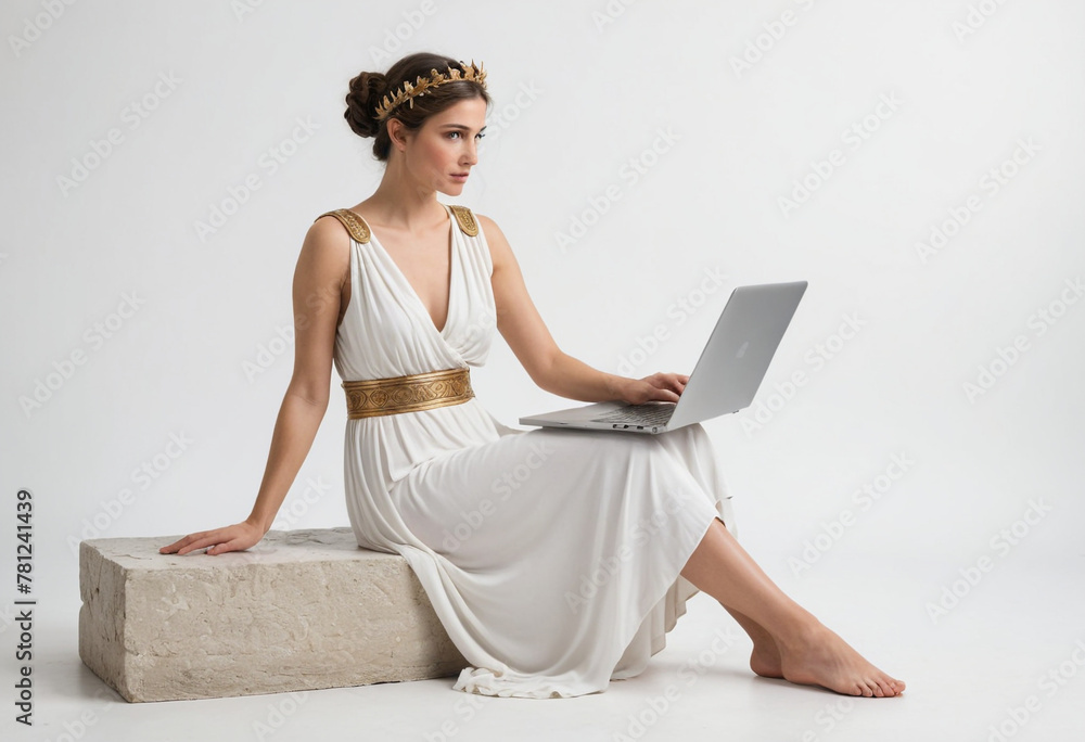a Ancient Greek goddess sitting and using a laptop, white studio ...