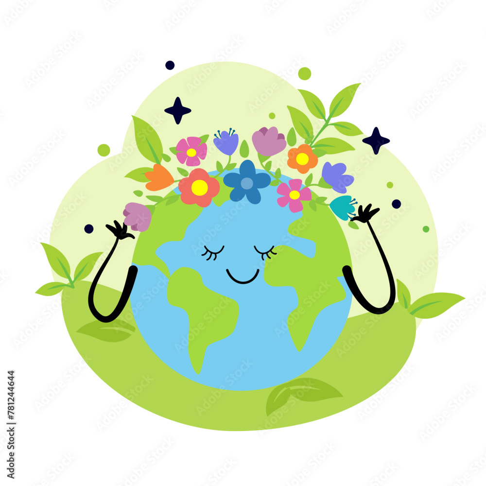 Cute smiling earth planet with heart isolated on white background ...