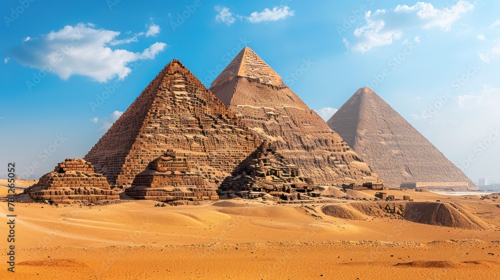 Mysterious charm of the Egyptian pyramids rises from the sand. Stands ...