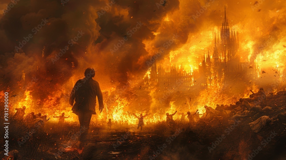 An illustration of a man running from zombies, with a burning city in ...