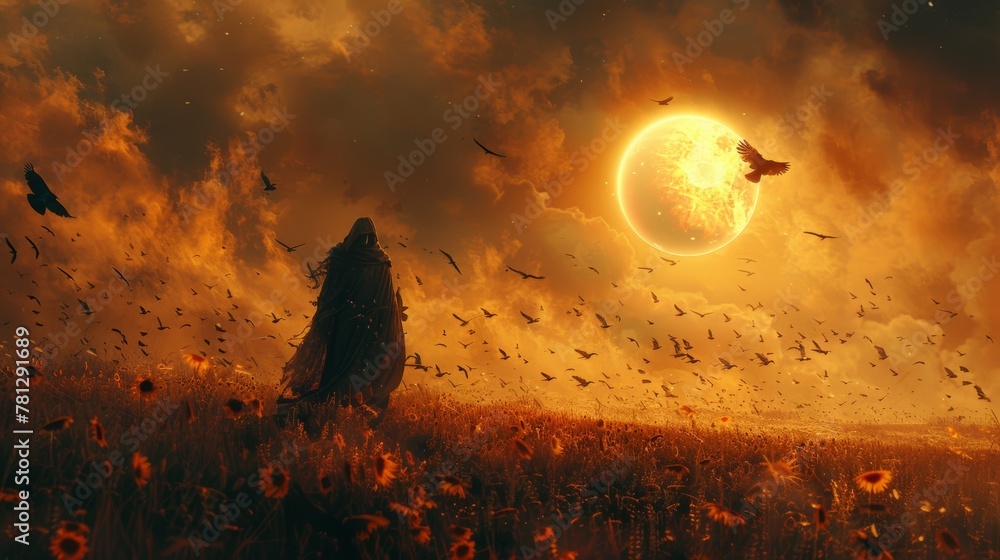 The wizard of crows casts a spell in the mysterious field by the solar ...