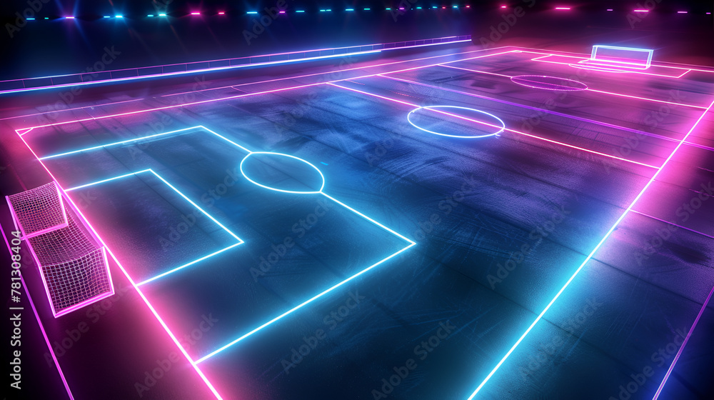 neon soccer field rotates, spinning virtual 3d playground scheme ...