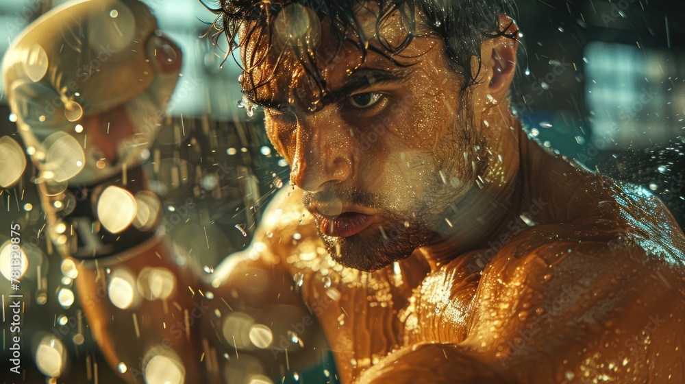 A man is boxing in a ring with sweat dripping down his face. Concept of ...