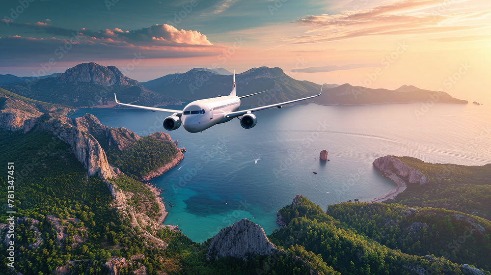 Airplane fly above beautiful nature landscape island, Tourism ...