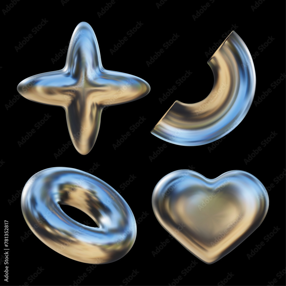 3D chrome geometric shapes. Futuristic chrome liquid shapes heart ...