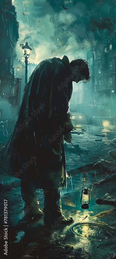 A somber depiction of Holmes at a crime scene, lantern in hand ...