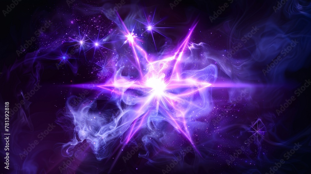 Magic burst effect with purple light, blue sparks, and steam isolated ...