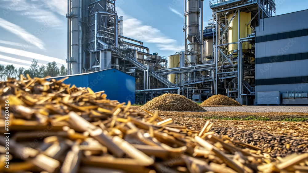 Biomass power plant with piles of wooden pellets and chips for ...