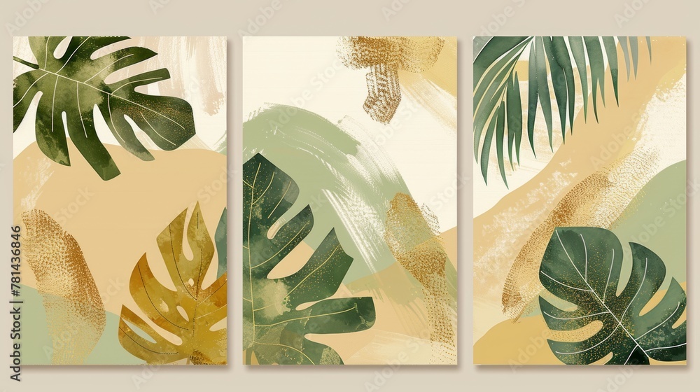 Wall art modern with palm leaves, Monstera leaves, golden line drawing, and watercolor hand ...
