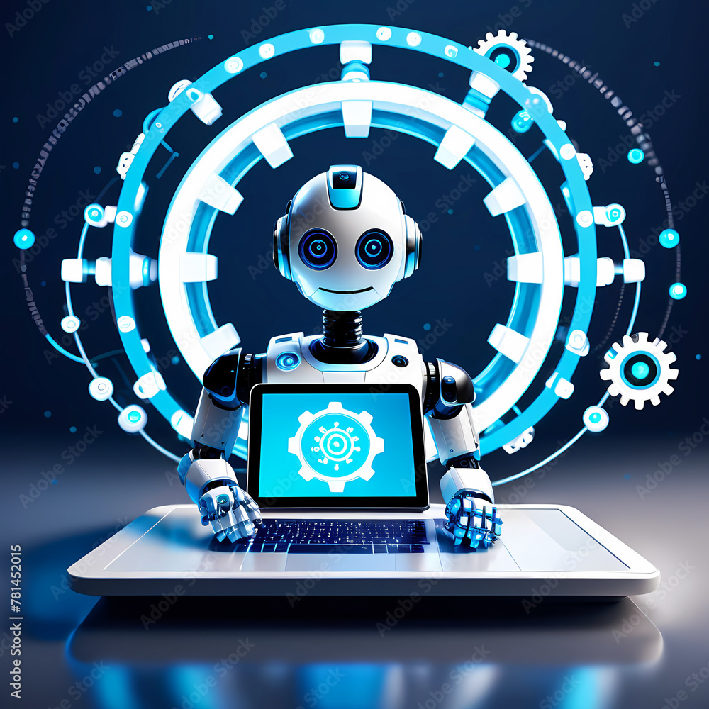 robot with laptop, an engaging image of robot ai assistant offering ...