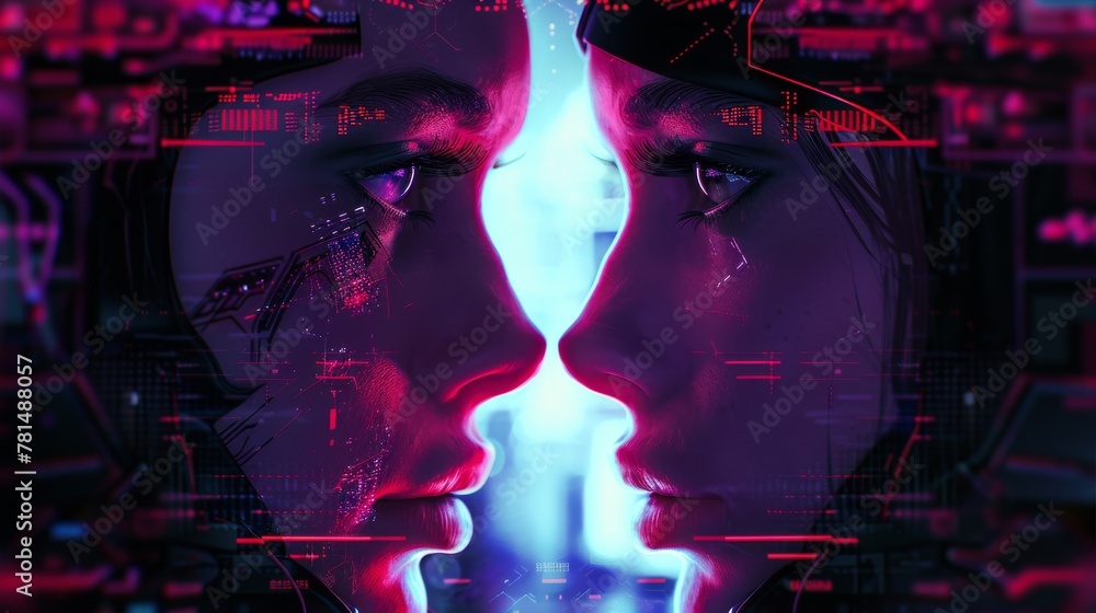 Software Siamese twins in a digital realm, close up, surreal connection ...