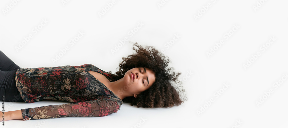 Black African american Woman Sleeping concept. Eyes closed. floral ...