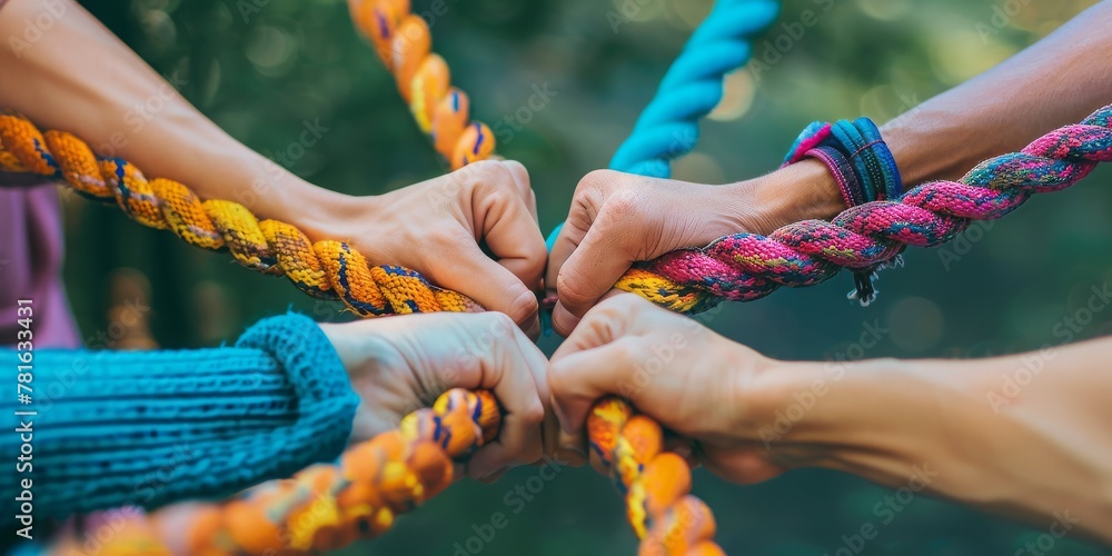 Diverse Hands Intertwine Colored Ropes, Symbolizing Strength and Unity ...