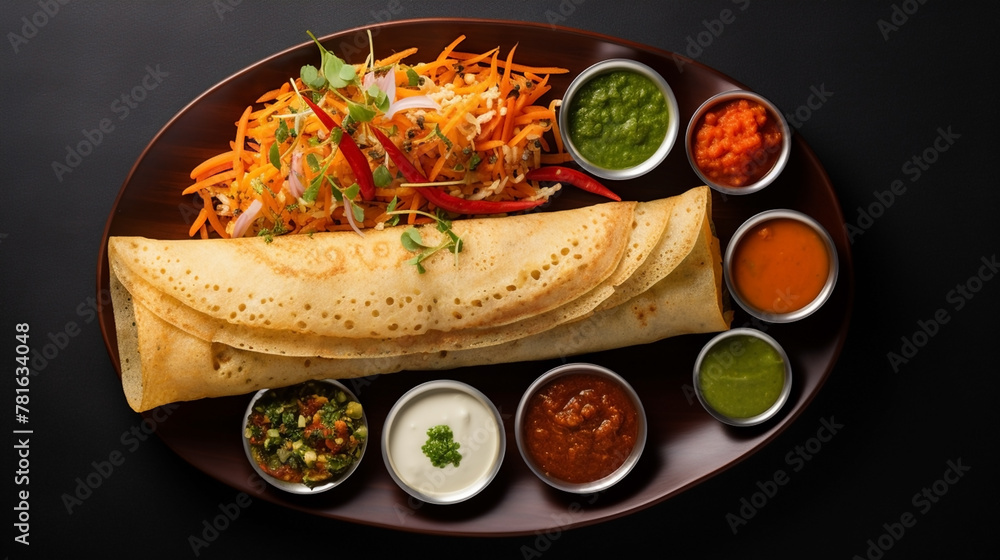 wide top view background photo, delicious masala dosa and curries on a ...