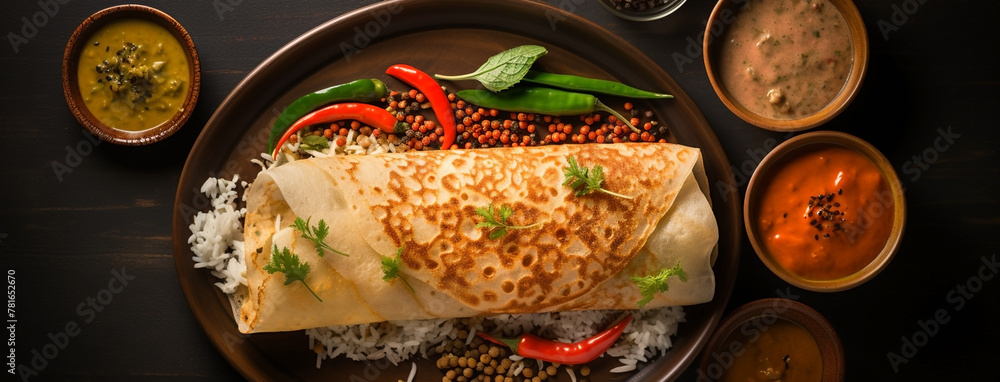 wide top view background photo, delicious masala dosa and curries on a ...