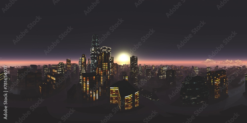 Night city, Cityscape, Environment map. HDRI map. Equirectangular ...