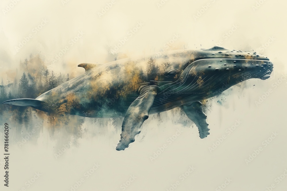 An artistic rendition of a magnificent whale seeming to emerge from a ...