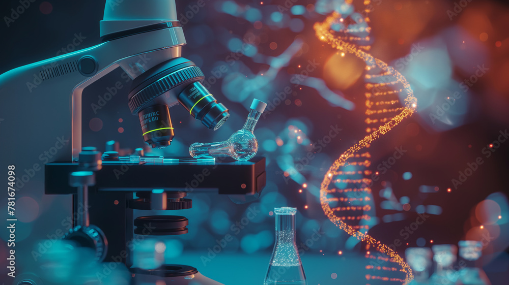Microscope and DNA molecule. Biotechnology concept Stock Illustration ...