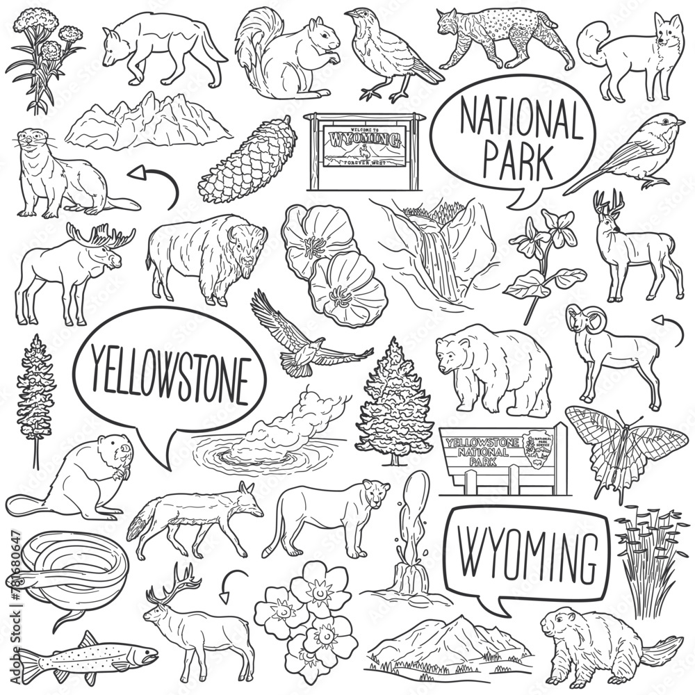 Yellowstone Doodle Icons Black and White Line Art. National Park ...
