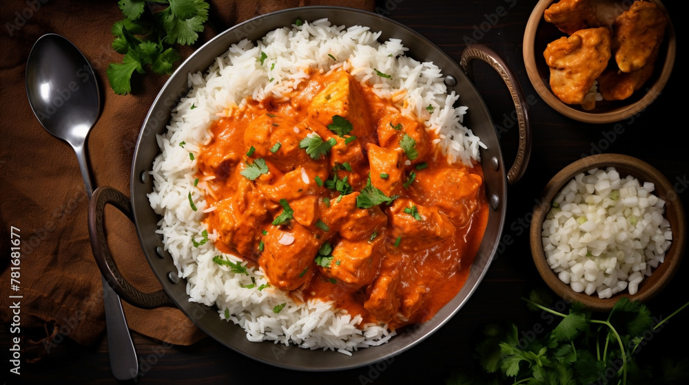 wide top view background food image, butter masala chicken and boiled ...