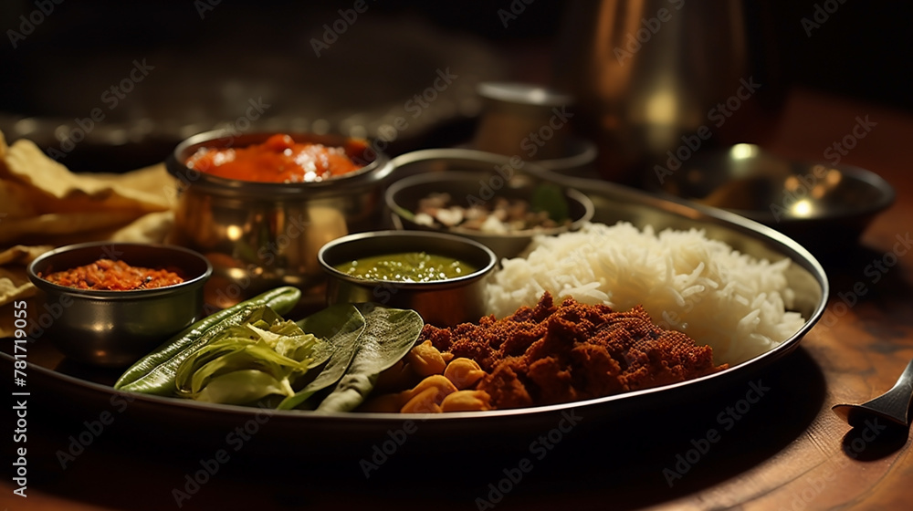 Wide flat lay photograph of delicious traditional Indian Thali dish on ...