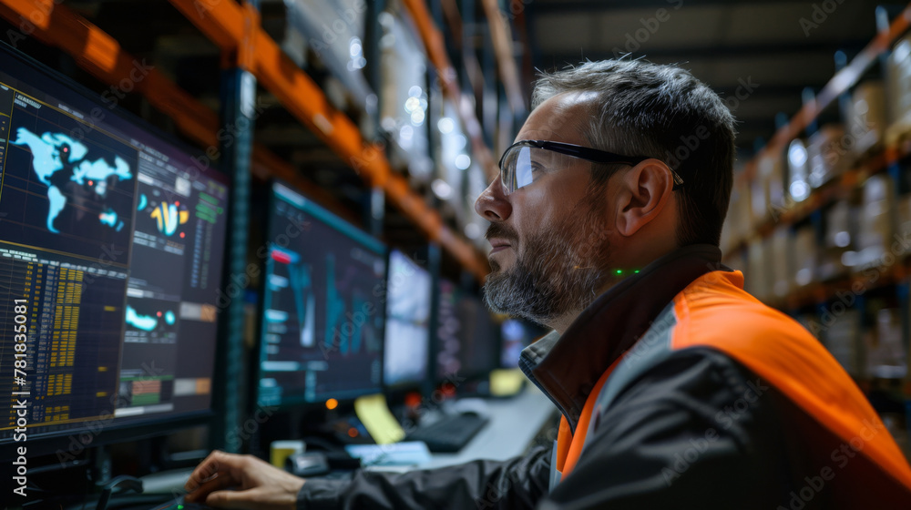 Warehouse manager overseeing AI forklift operations from a central command center, with digital ...