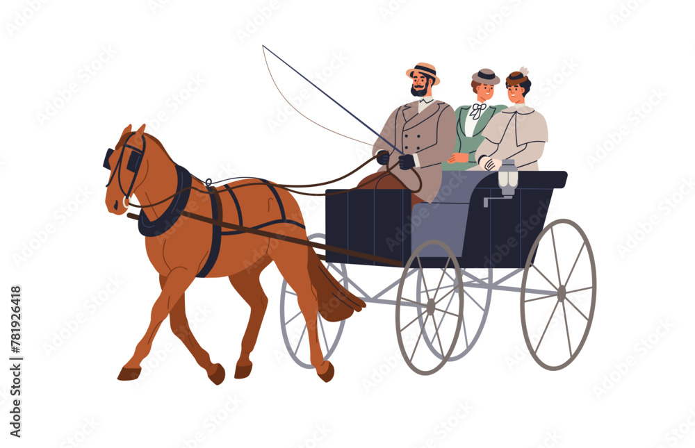 Vintage horse carriage. Coachman and ladies in 19th century chariot ...