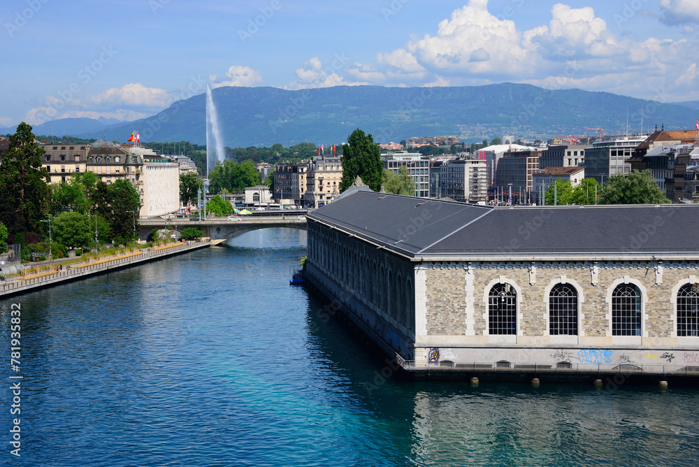 Geneva, Switzerland, Europe - Rhone River, at right Bâtiment des Forces ...