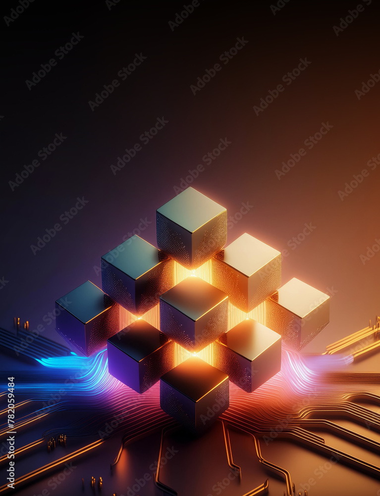 3d render. deep learning ai model concept glowing gpu chips cluster ...