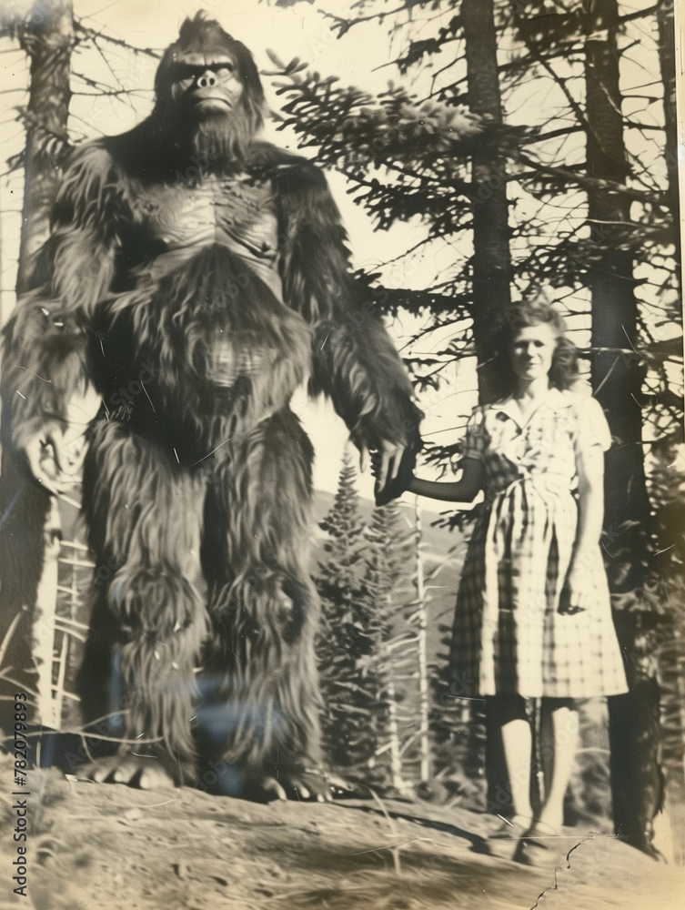 Old vintage aged mystery photograph of a lady standing with a giant ...