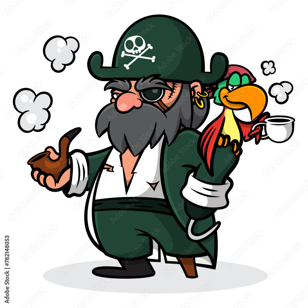 Captain Pirates Cartoon characters smoking with tobacco pipe and his ...