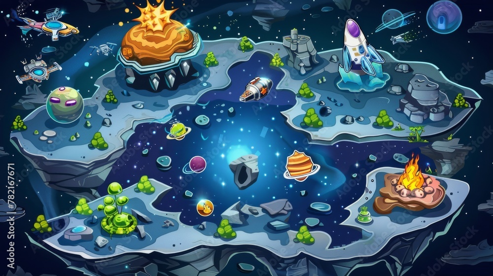 This modern illustration shows a space game level map with spaceships ...