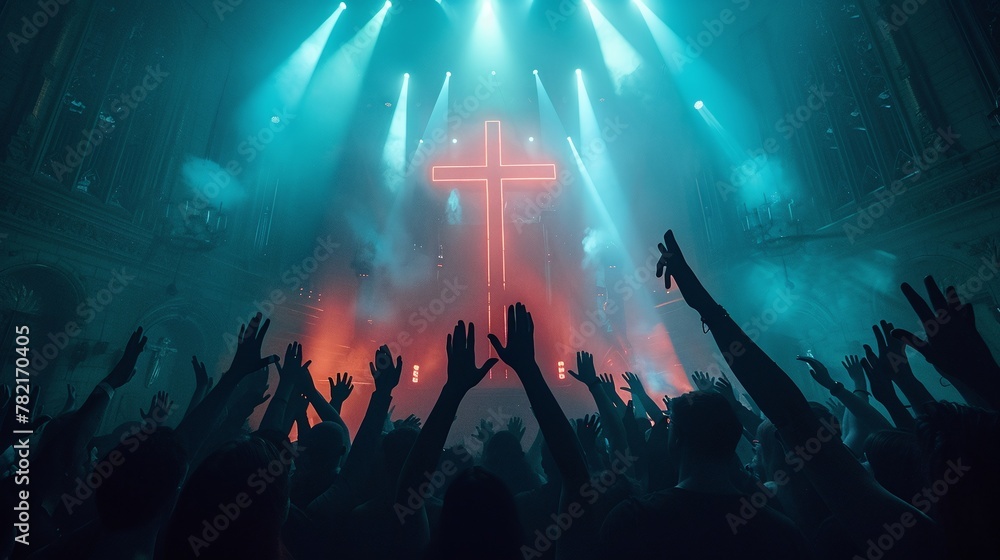 christian worshipers raising hands up in front of the cross church ...