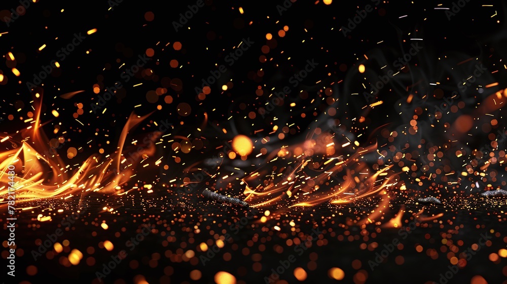 black background with detail of fire sparks isolated flame heat glow ...