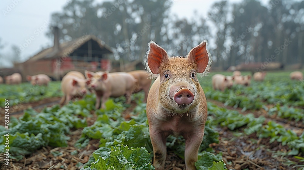 ecological pigs and piglets grazing at rural farm, sustainable farming ...