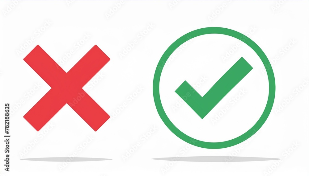 Green check mark, red cross mark icon set. Isolated tick symbols, checklist signs, approval ...