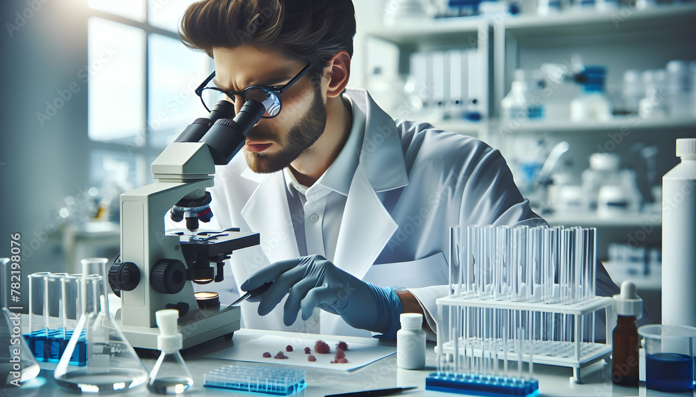 Scientist Analyzing Samples Under Microscope in High-Tech Lab - Candid ...