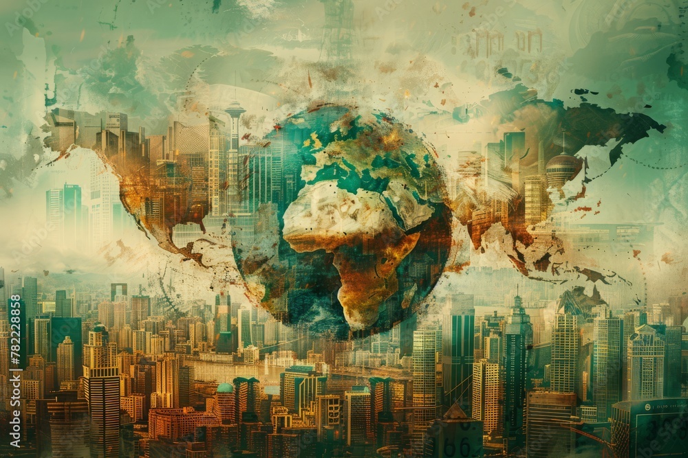 Artistic depiction of the earth with urban skylines emerging, blending ...