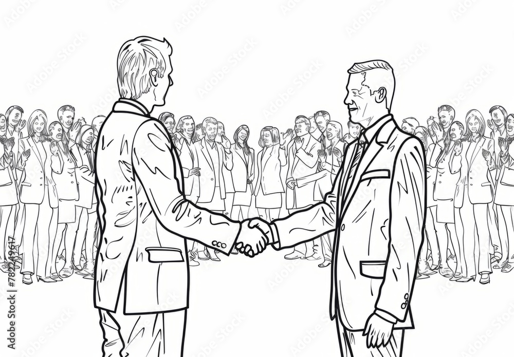 line drawing of business people shaking hands with each other, crowd ...