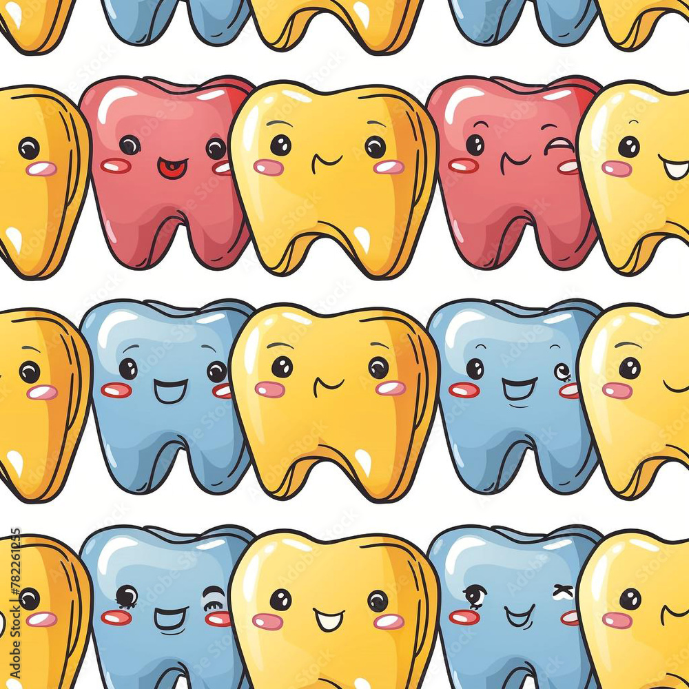 The image displays a pattern of cartoon-style teeth with happy faces ...