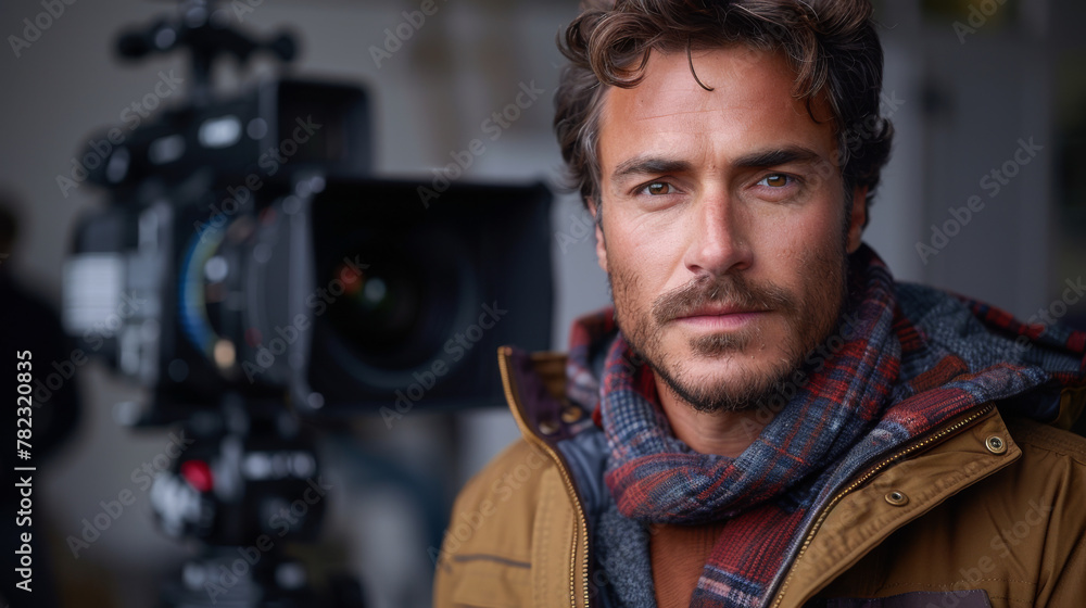 Professional male actor ready for shooting film, holds movie clapper ...