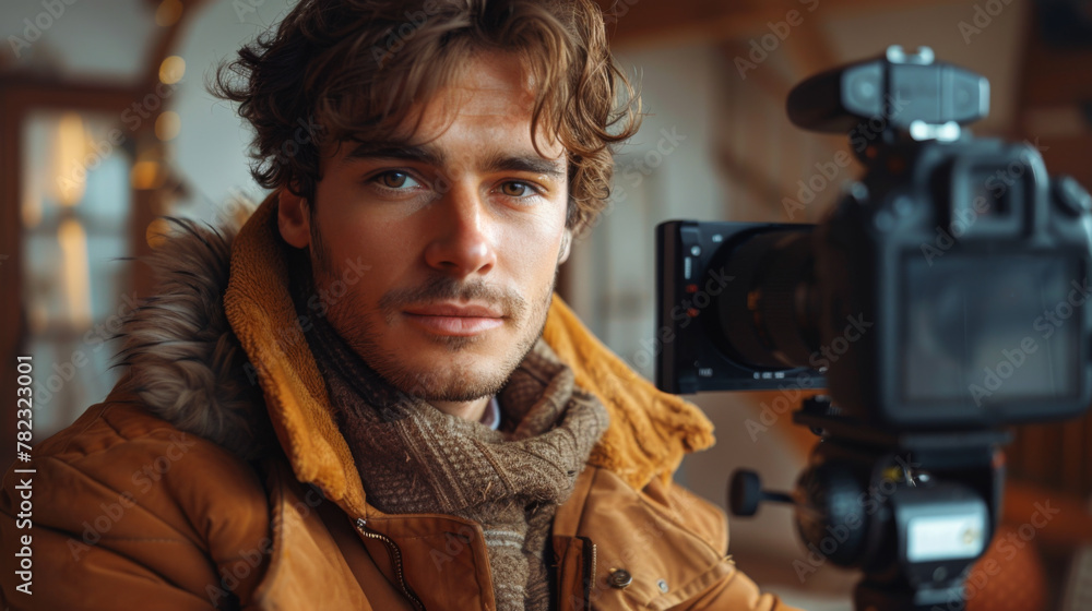 Professional male actor ready for shooting film, holds movie clapper ...