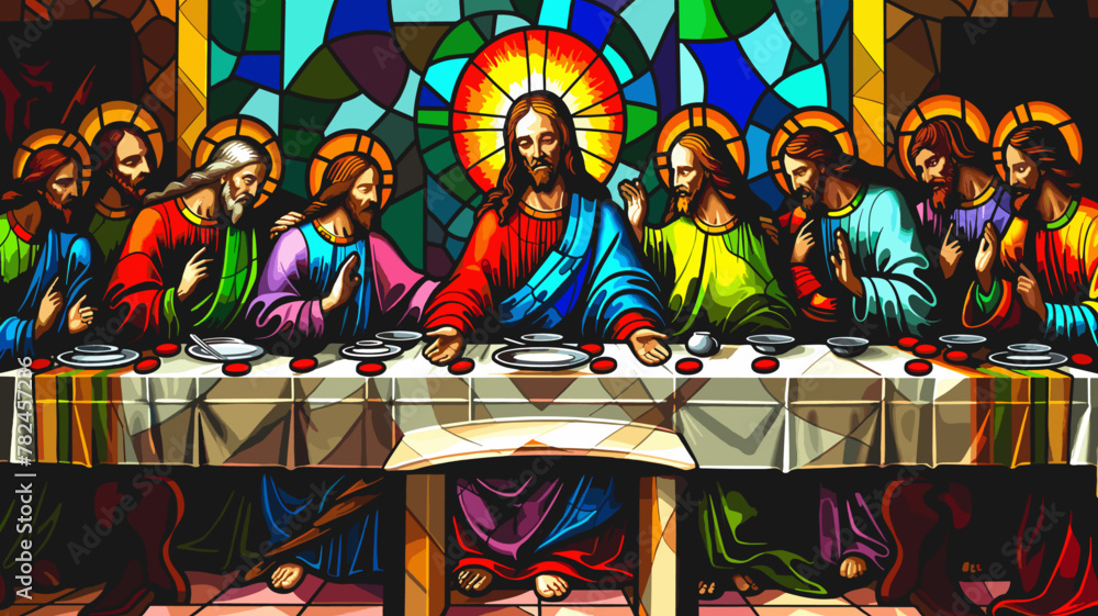 Colorful stained glass illustration of The Last Supper, Jesus Christ ...