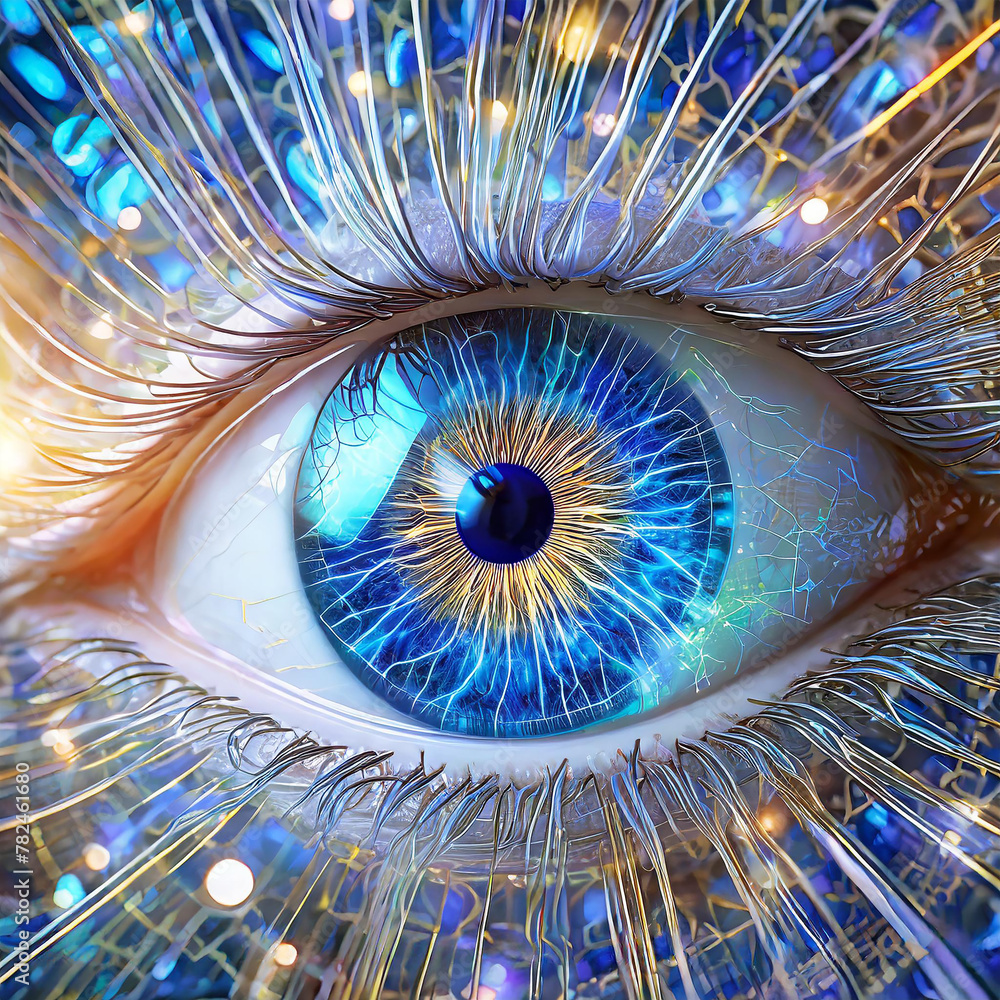 A bionic eye with a glowing blue iris, interlaced metallic filaments ...