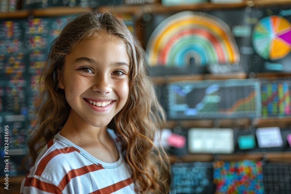 A girl with long hair and a striped shirt stands in front of a ...